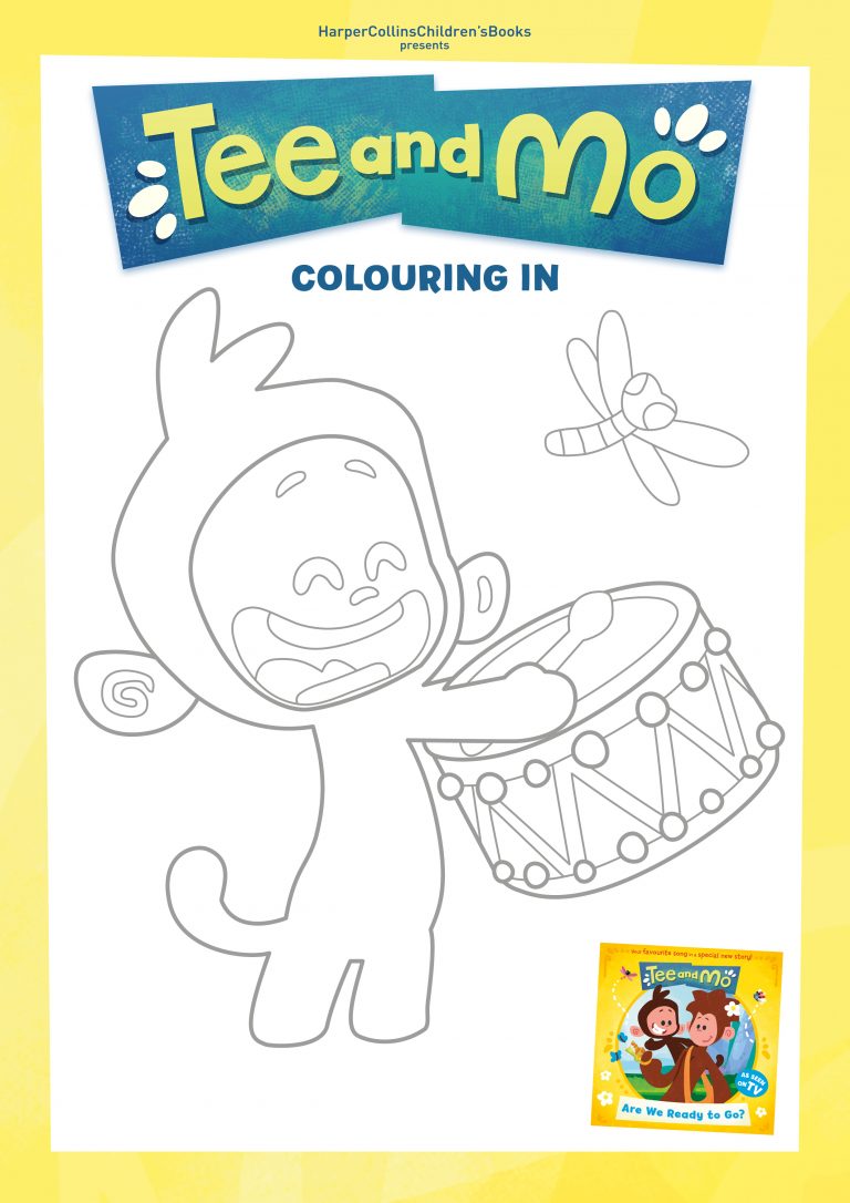 Tee and Mo | Colouring: Tee playing the drums